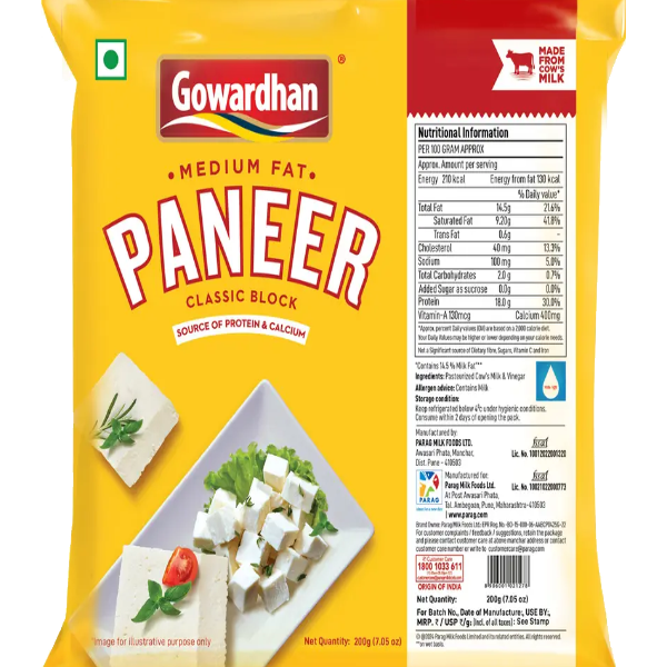 Gowardhan Classic Block Paneer (200 g) - Tap2Home