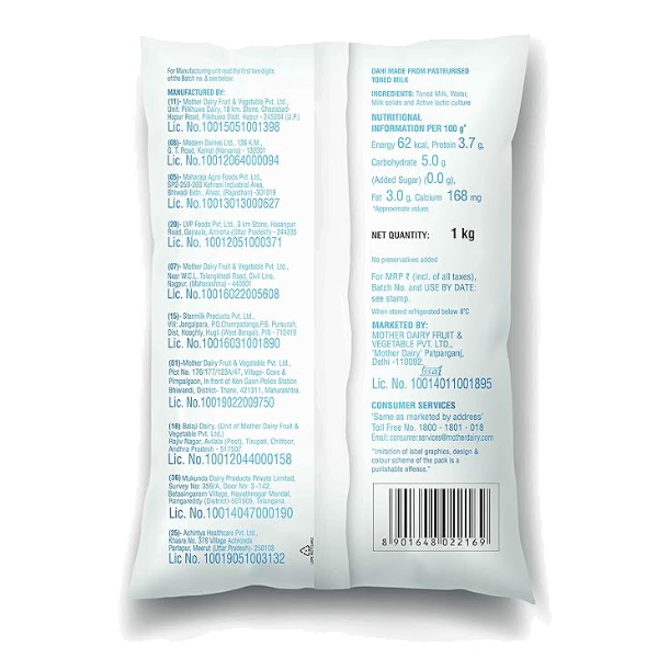 Mother Dairy Classic Curd Polypack Pouch, 1000 g – Tap2Home